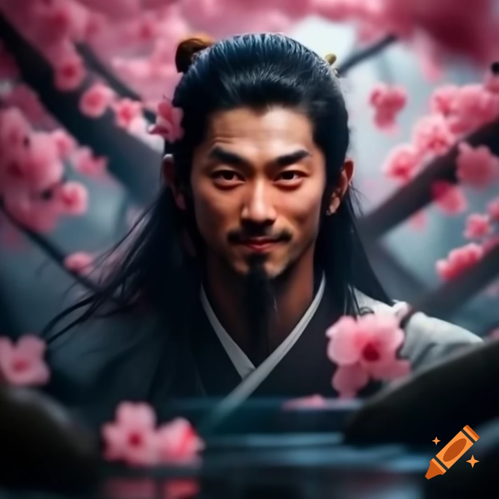 Smiling samurai surrounded by cherry blossoms in spring on Craiyon