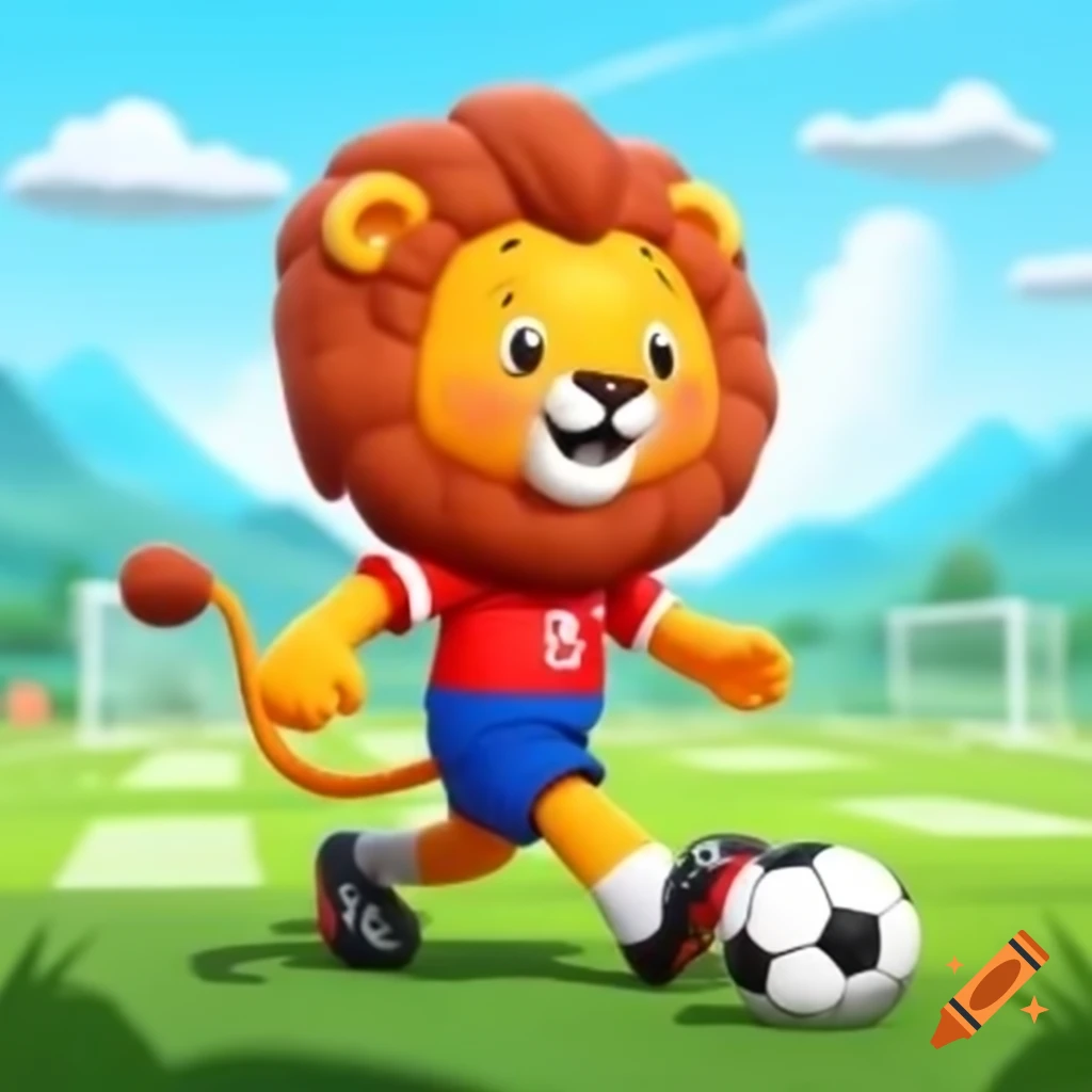 Youthful nonbinary cartoon lion in jersey and shorts playing soccer on ...