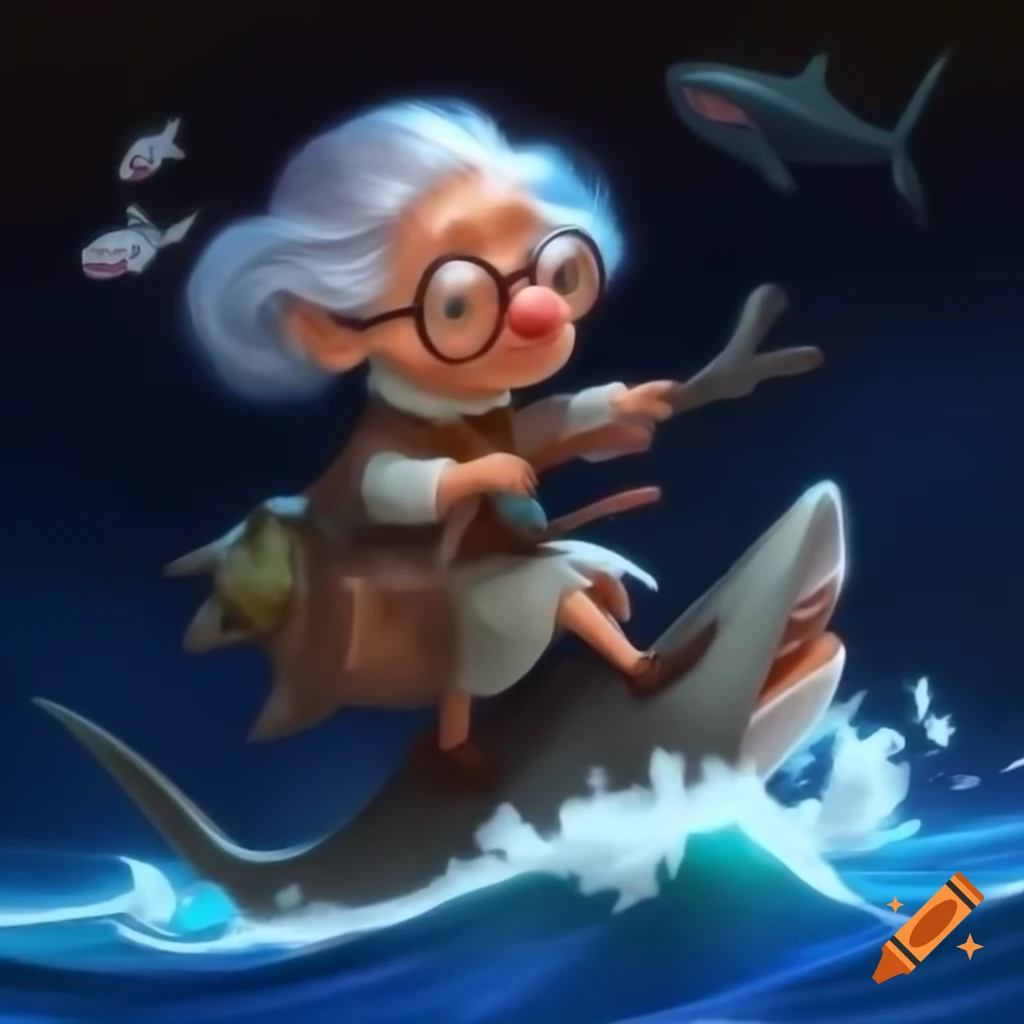 Whimsical grandma surfing a moonlit skeletal sea with playful sharks on ...