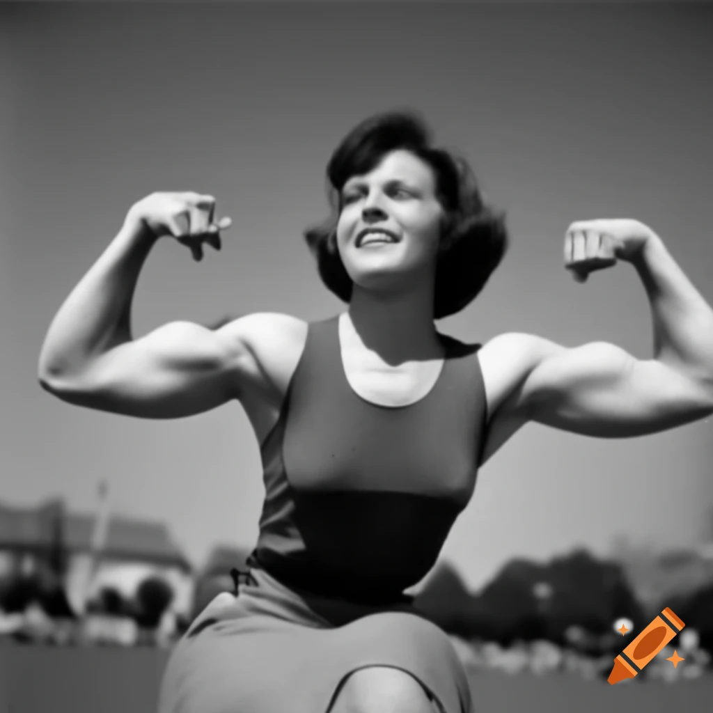1960s young lady flexing impressive bicep with excitement on Craiyon