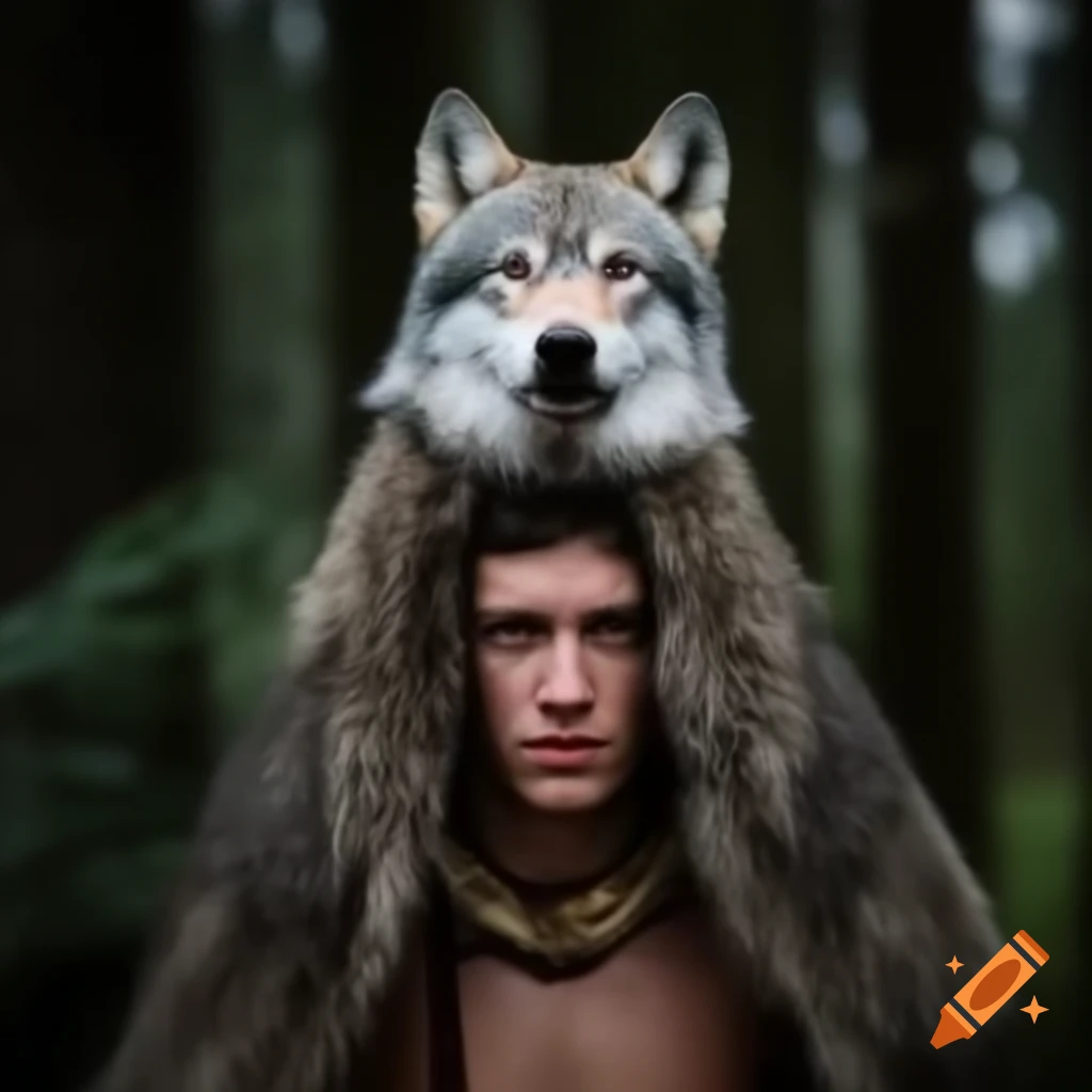 Young man in wolf headdress standing in forest on Craiyon