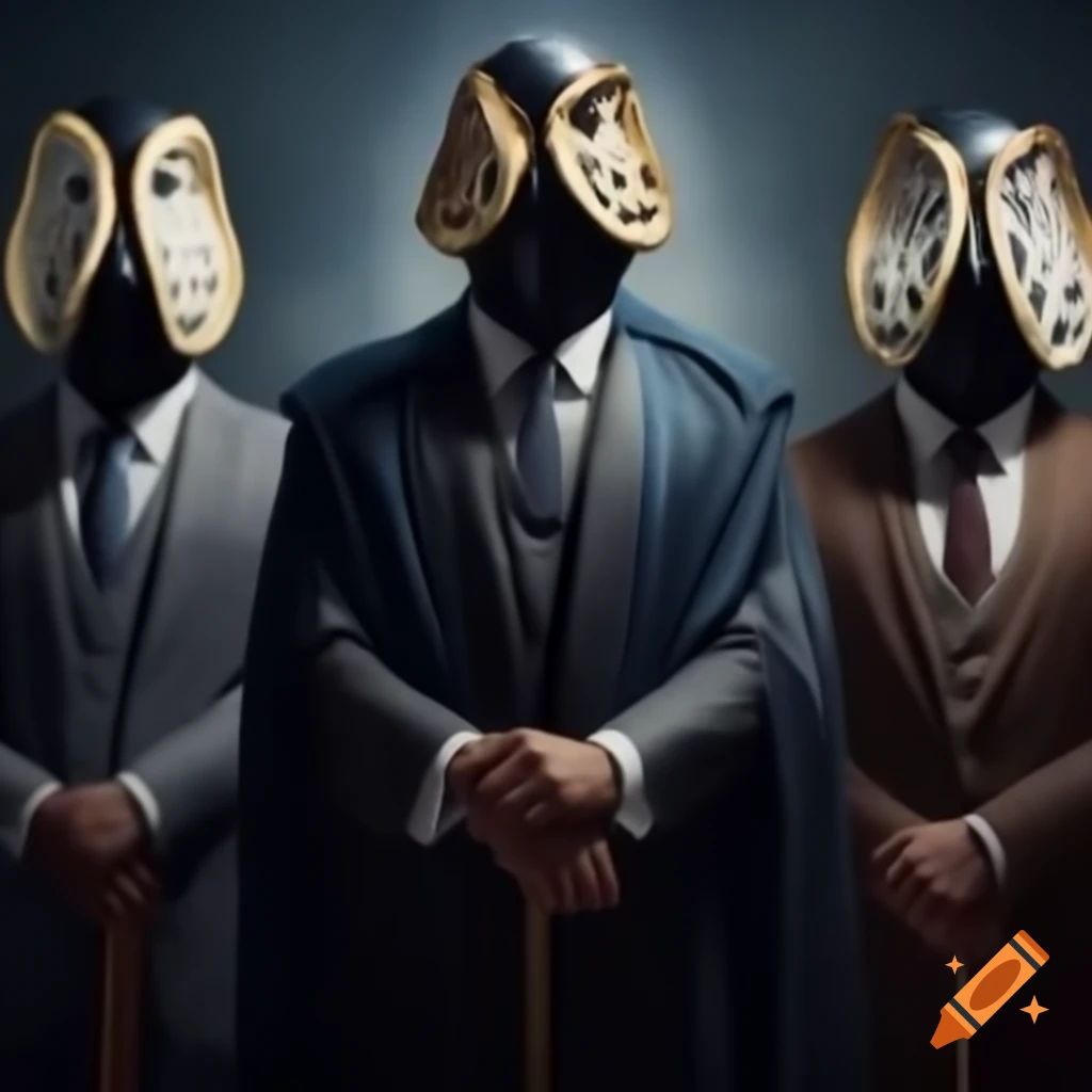 Three masked world leaders in enigmatic poses on Craiyon