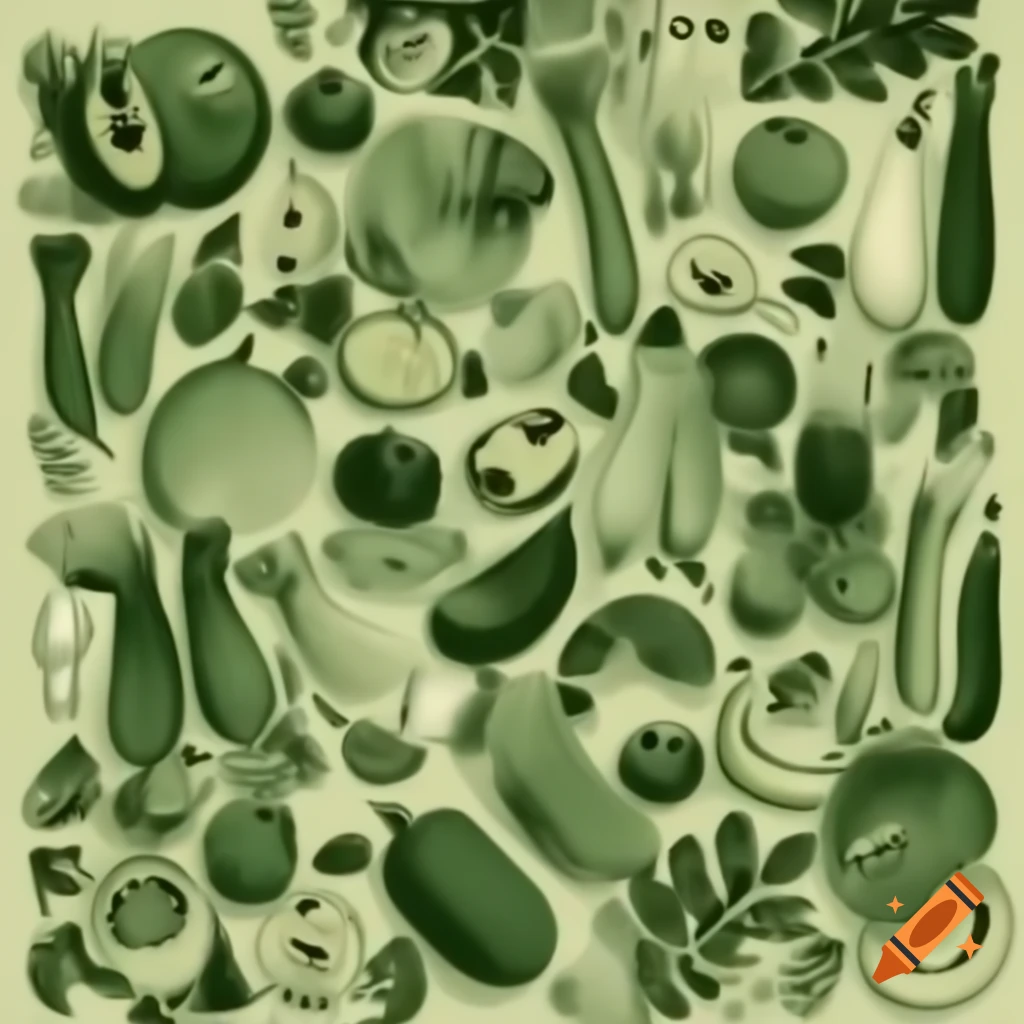 Monochrome illustration of imaginary vegetables and fruits with sauces ...