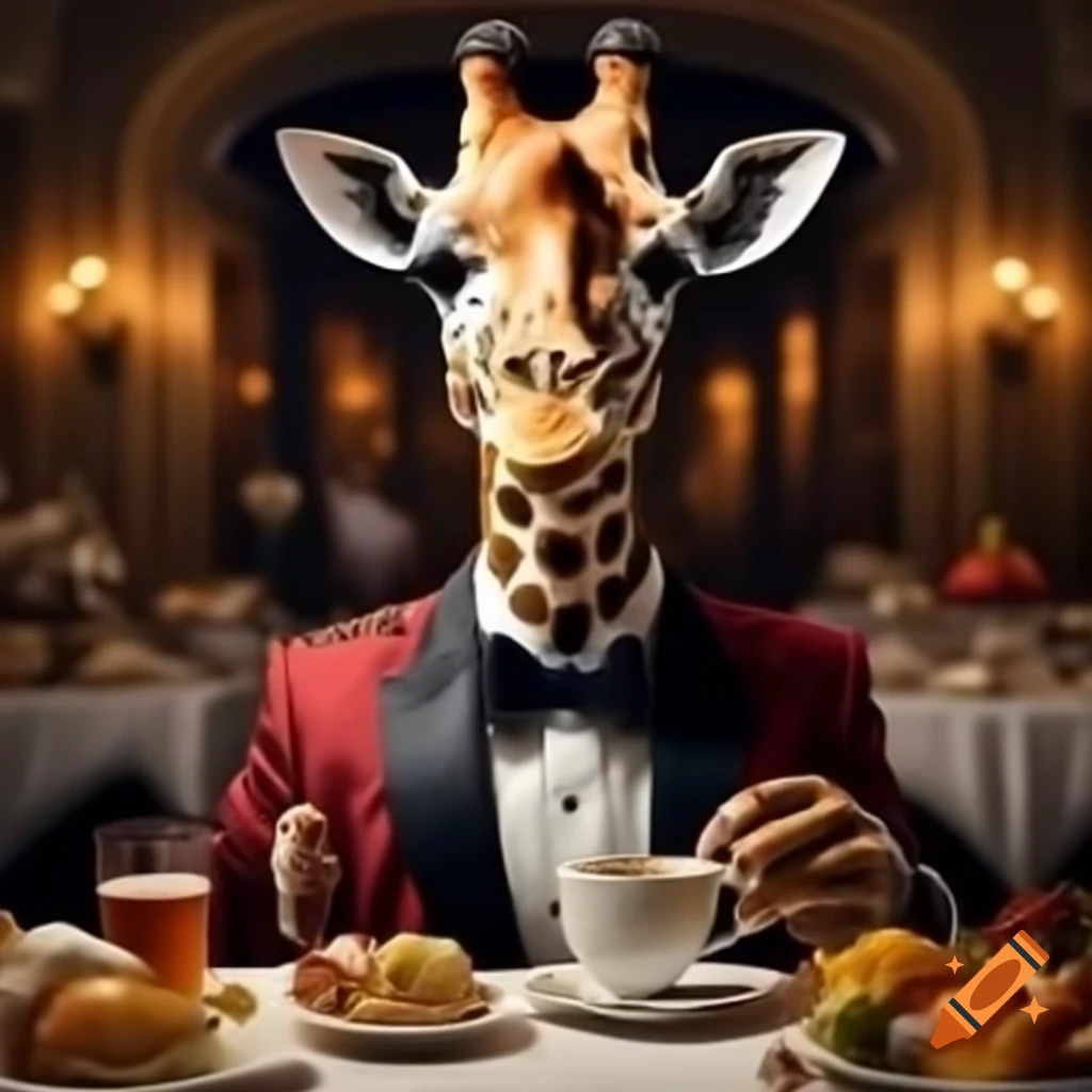 Giraffe in tuxedo at fancy dinner party sipping tea on Craiyon