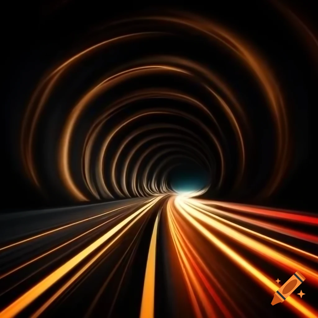 High-speed scene inside dark tunnel with golden light trails spiraling ...