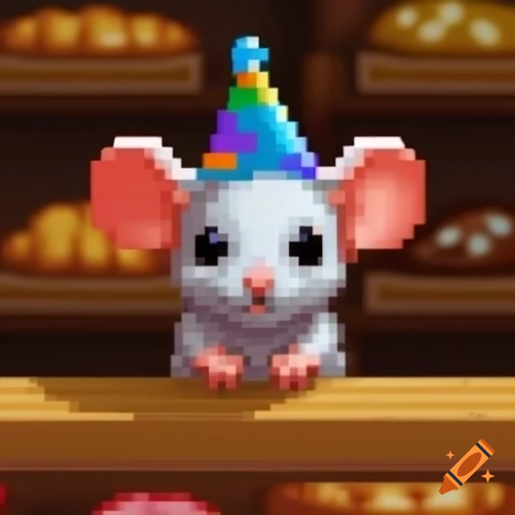 Adorable rat in party hat inside bakery, pixel art style on Craiyon