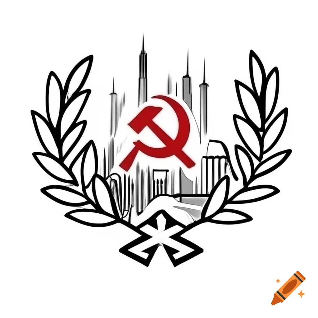 Stylized design with Communist Party emblem, skyline, clasped hands ...