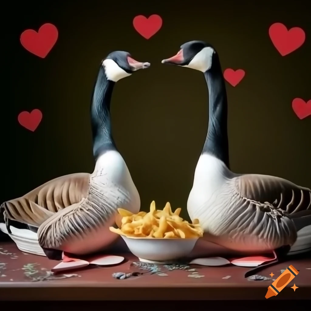Two Canadian geese at table eating fries surrounded by hearts on Craiyon