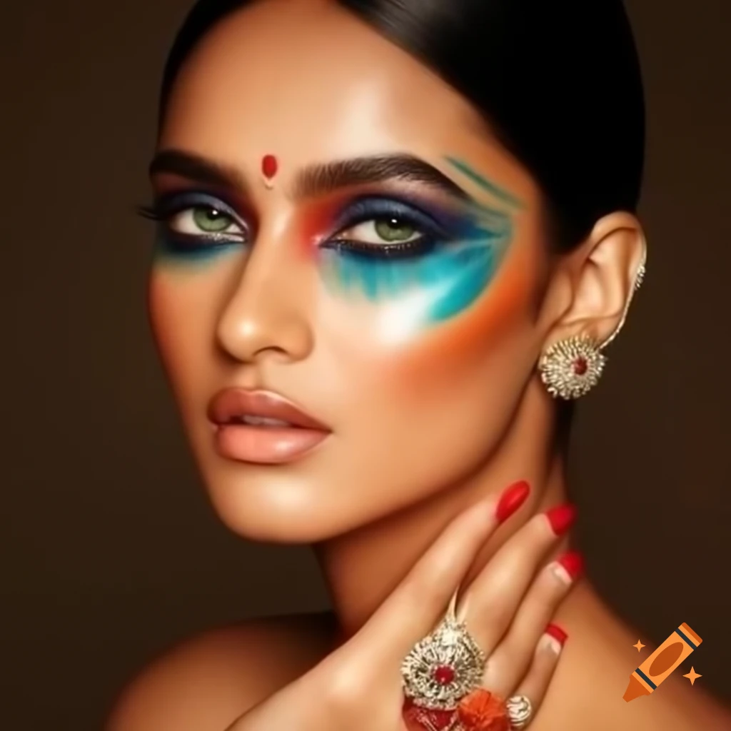 Glamorous indian model showcasing heavy makeup on Craiyon