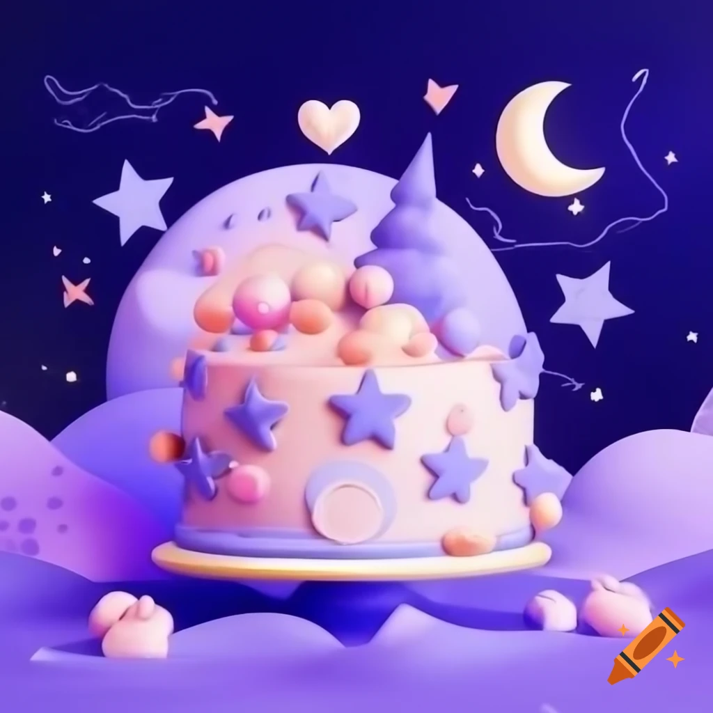 Moon-shaped cake decorated with stars, moons, hearts, and dreamy ...