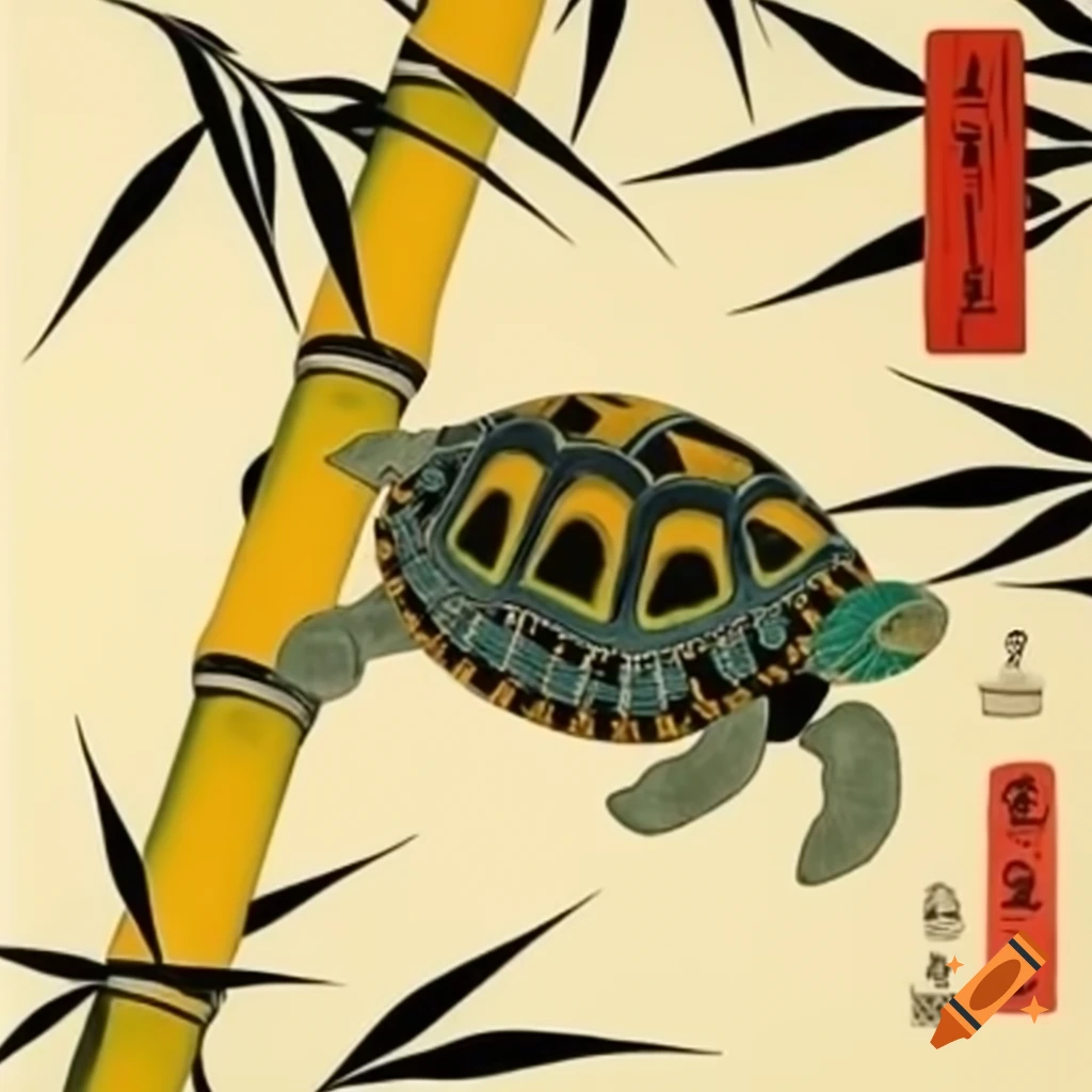 Turtle climbing bamboo stalk in ukiyo-e style with vibrant colors on ...