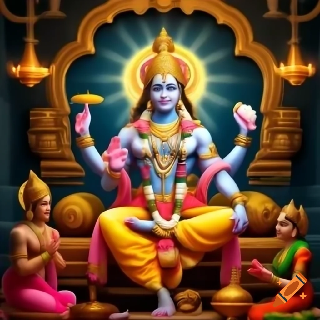 Lord Vishnu depicted with discus, conch, mace, and lotus, symbolizing ...