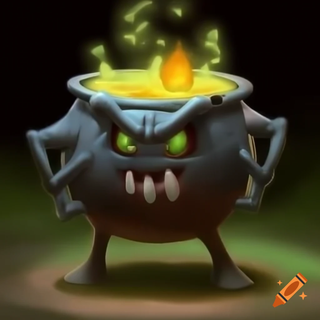 Whimsical cauldron with limbs and scary face bubbling with gumbo on Craiyon