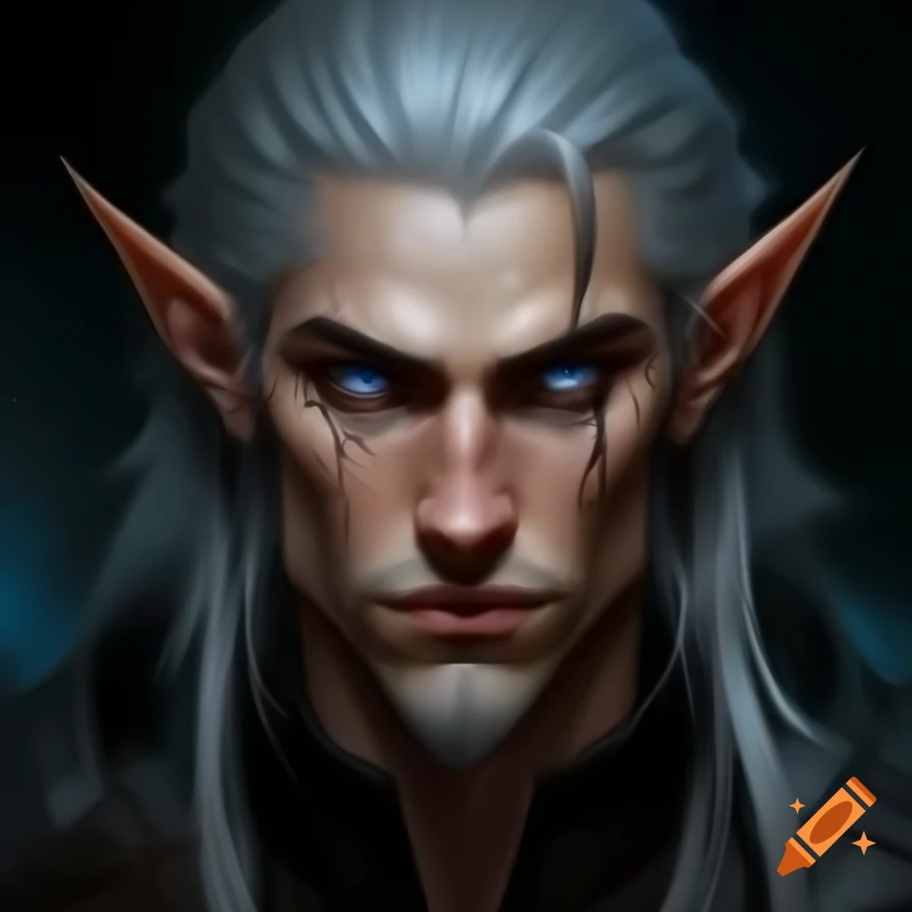 Realistic portrait of male half-elf with silver hair and blue eyes in ...