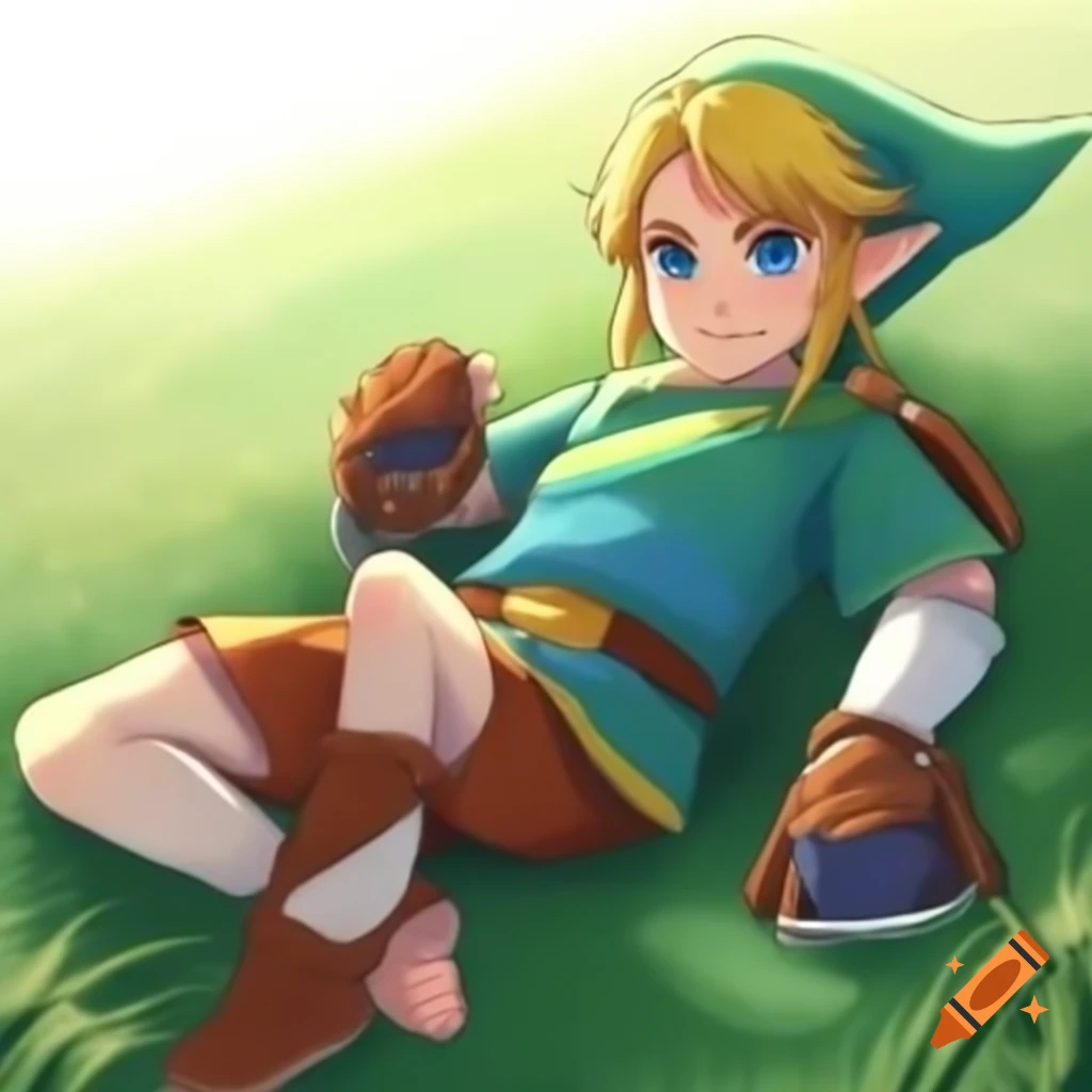 Youthful link from legend of zelda lounging on grassy field in black ...