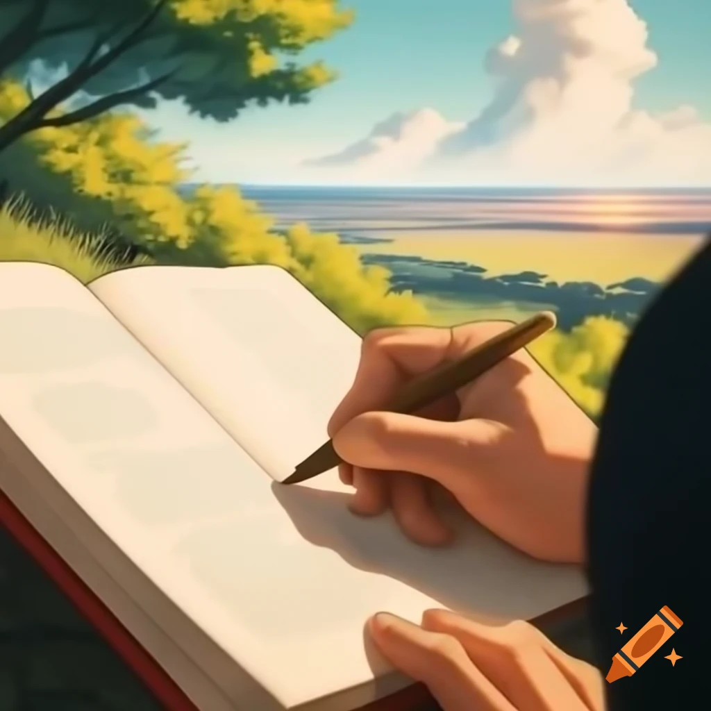 Male hand writing in journal with sunrise view over nature on Craiyon