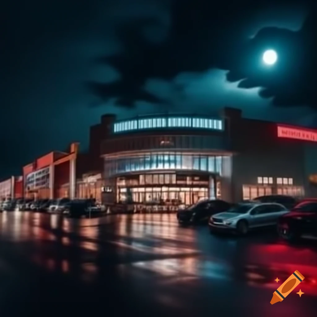 Modern shopping mall at night with neon signs and full moon on Craiyon