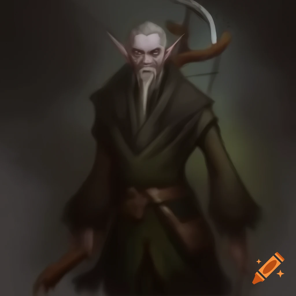 Ancient gnarled elf resembling tree bark with scythe in dark setting on ...