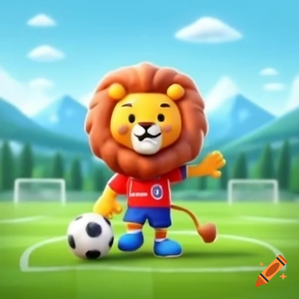 Youthful nonbinary cartoon lion playing soccer in red jersey and blue ...