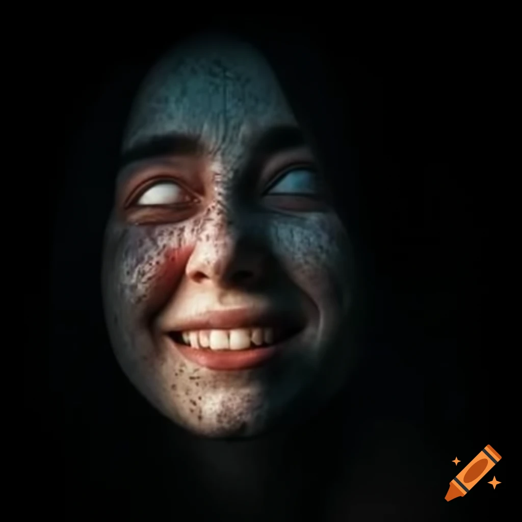 Possessed woman's face with half smile, illuminated by flashlight on ...