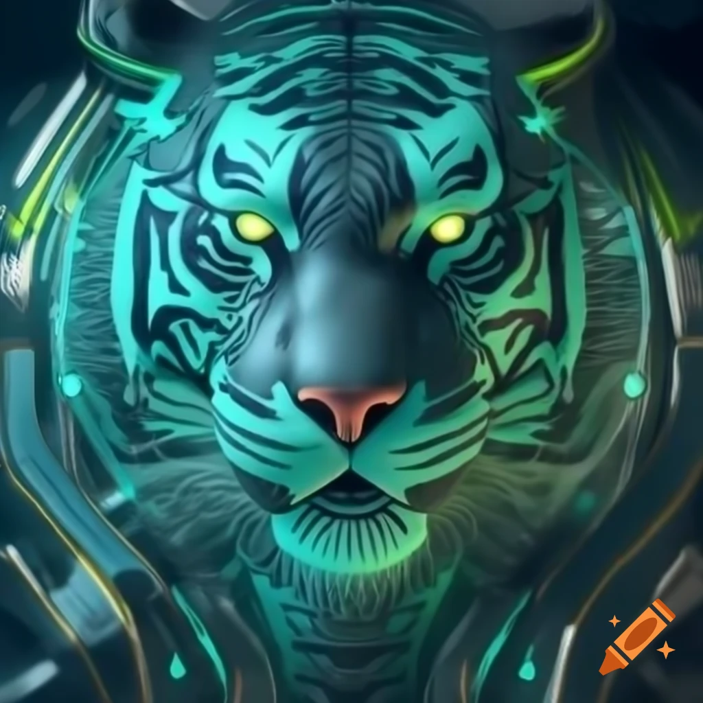 Front view of translucent tiger in Neoclassical Cybernetics style with ...