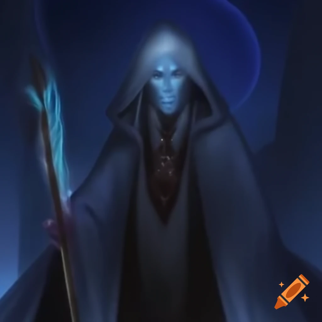 Tall slender man with pale skin and silver hair in hooded cloak under ...
