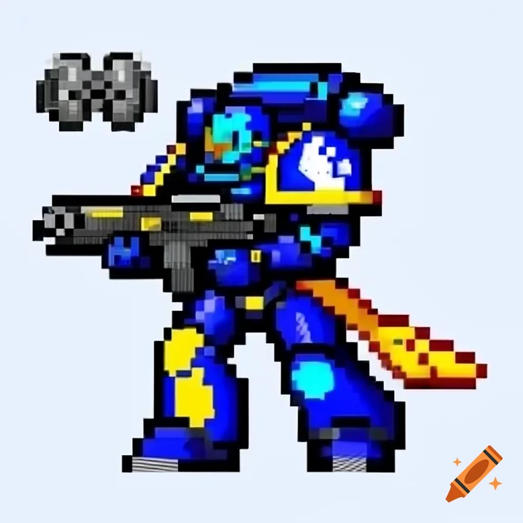 Pixel art sprite sheet of warhammer 40k space marine in blue power ...