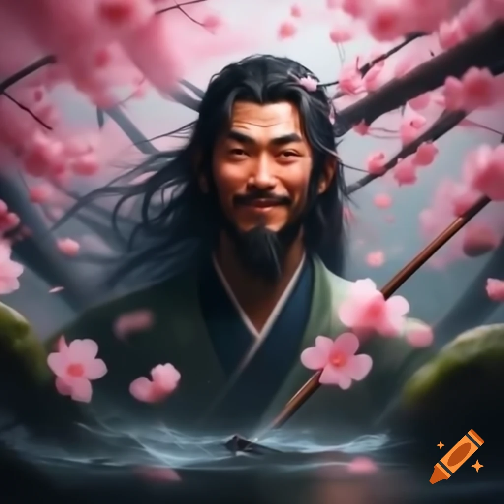 Smiling samurai surrounded by vibrant cherry blossoms in spring on Craiyon