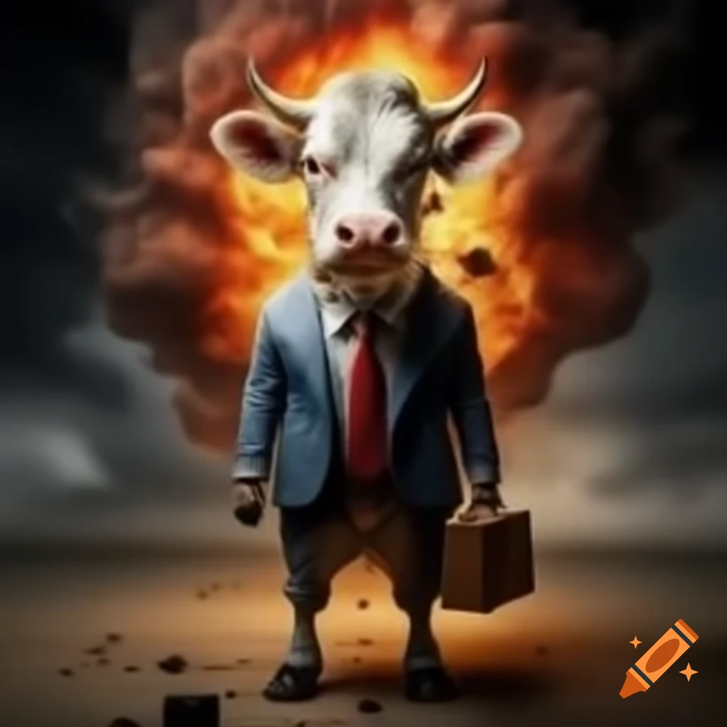 Humanoid cow in suit standing in front of explosion, crying on Craiyon