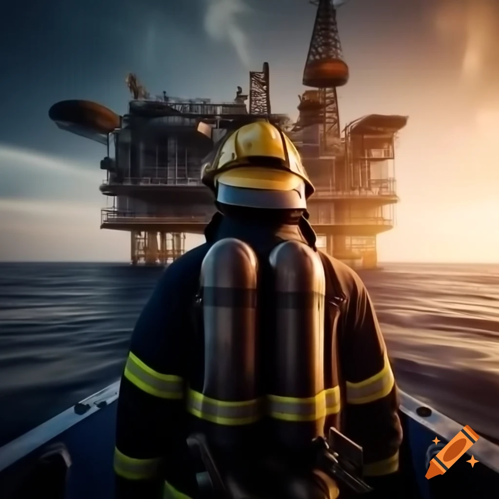 Firefighter on boat approaching offshore oil platform in ocean on Craiyon
