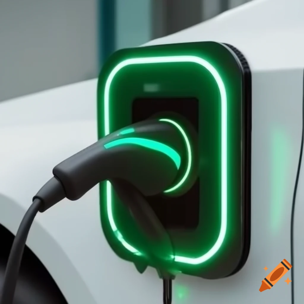 Modern EV pod charger with black and green design and three LEDs on Craiyon