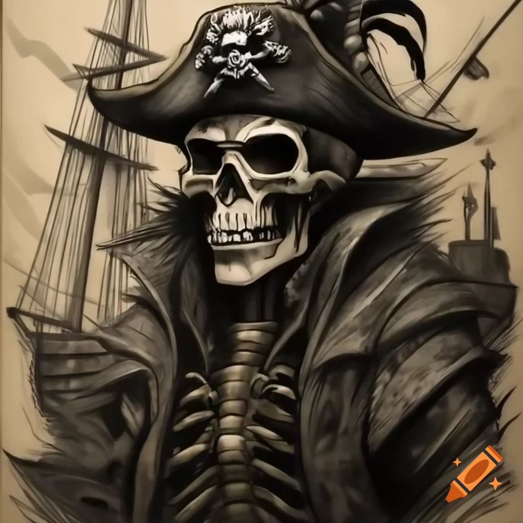 Detailed sketch of Halloween pirate with skeleton on a ship on Craiyon