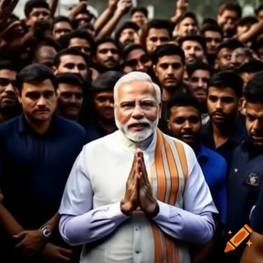 Narendra Modi greeting large crowd with a namaste pose on Craiyon