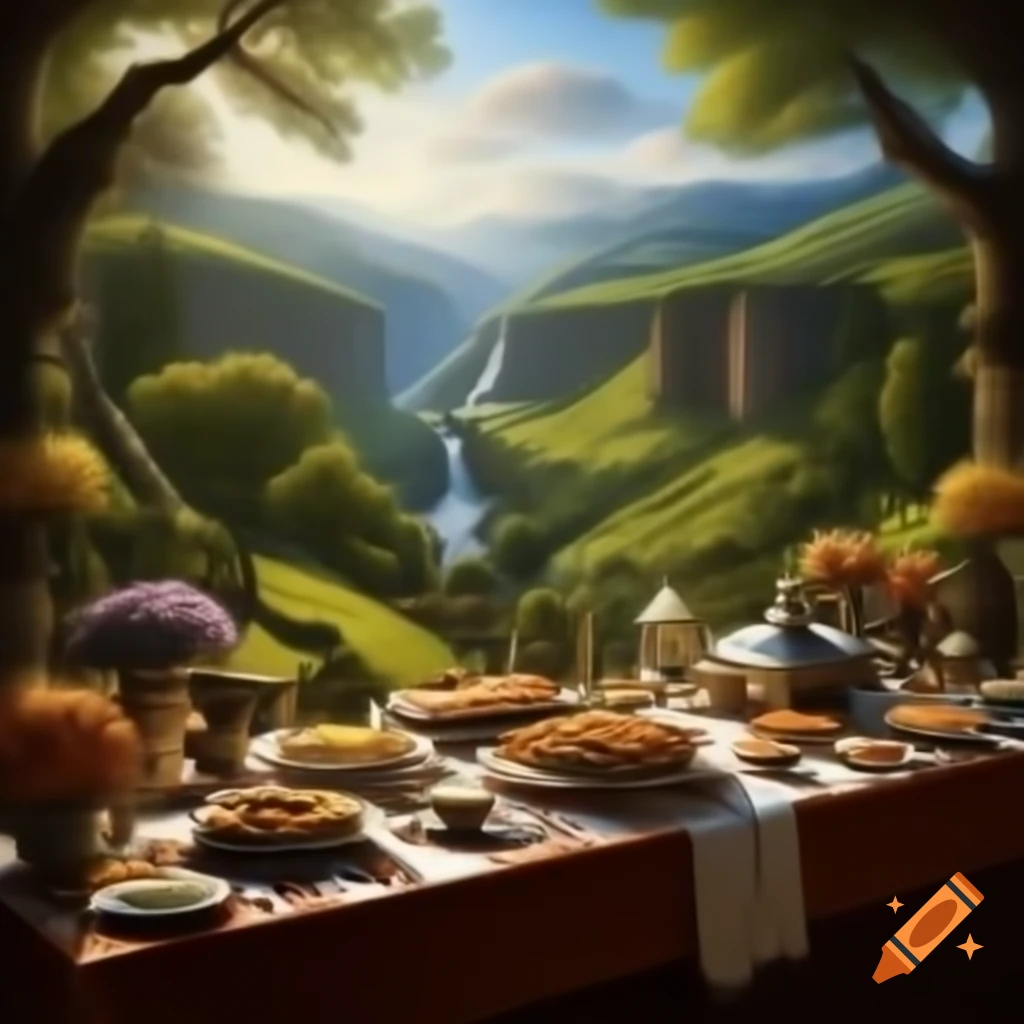 Lavish dinner buffet set in rolling hills with trees, flowers, and ...