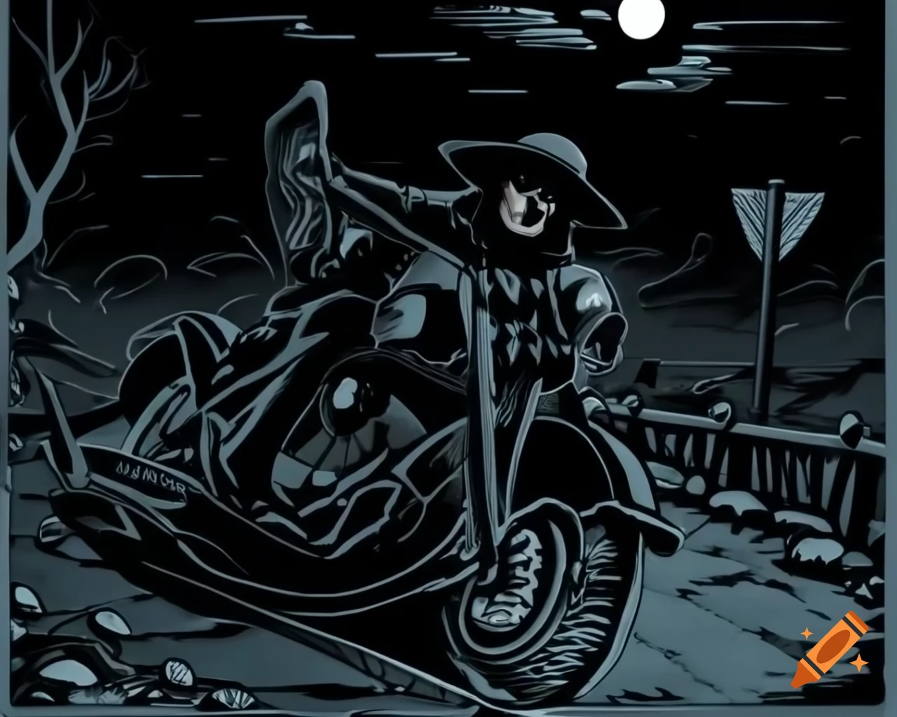 Gothic linocut of Reaper on motorcycle down moonlit road with swirling ...