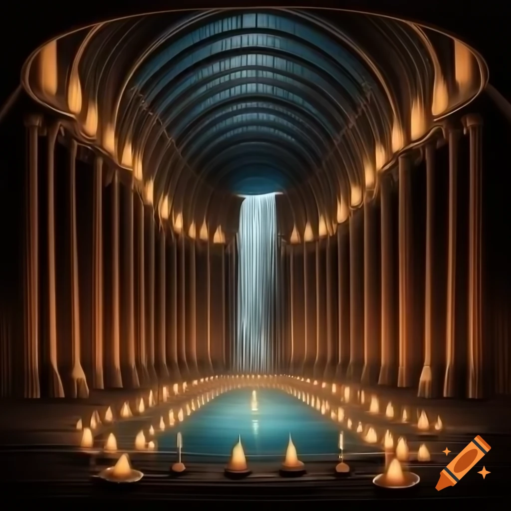 Candles illuminating grand hall with iron pillars and wall-mounted ...