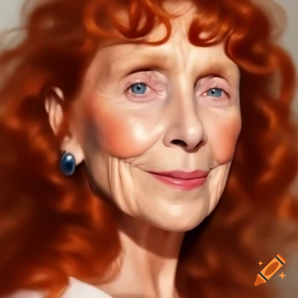 Photorealistic portrait of an older woman with auburn curly hair and blue eyes, wearing earrings ...