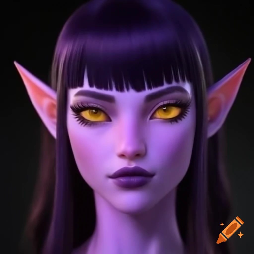 Character with light purple skin and dark purple hair in a ponytail ...