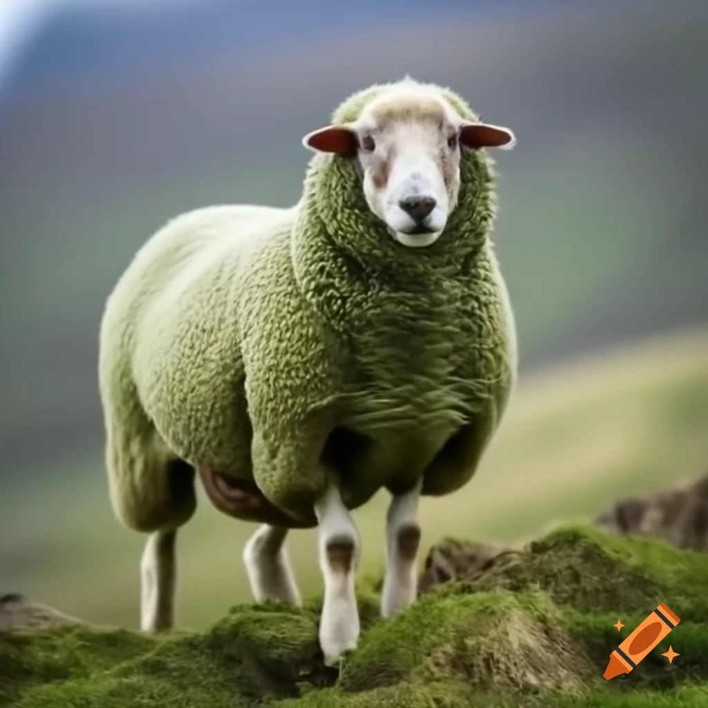 Sheep with green wool standing on grassy hill on Craiyon