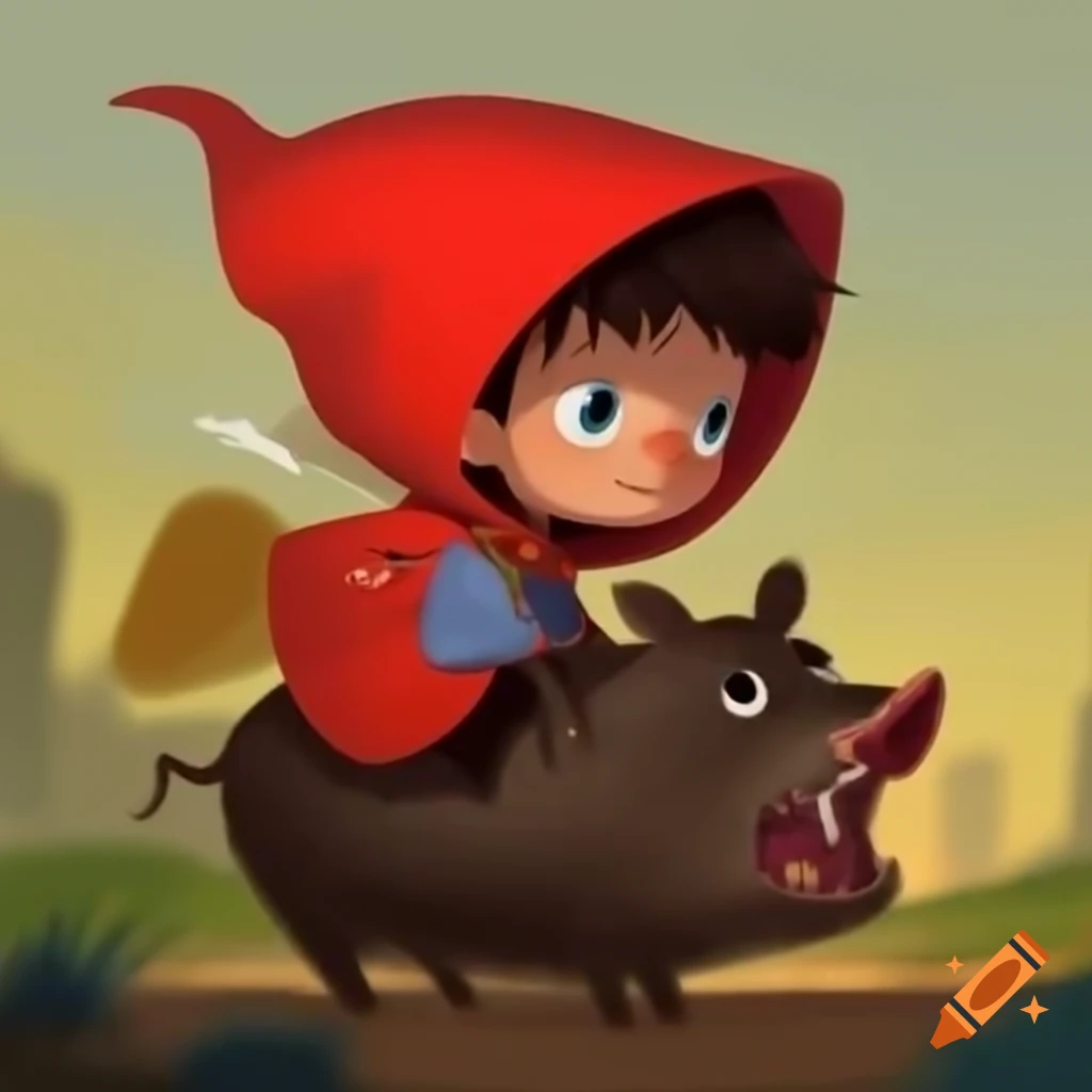 Apocalyptic Little Red Riding Hood riding a hog on Craiyon