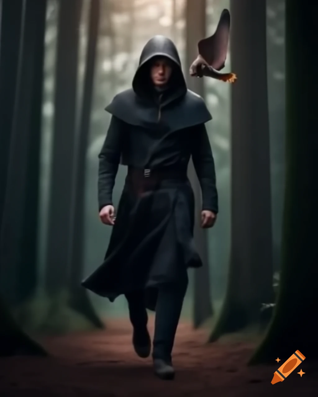 Hooded young man in medieval forest with hawk and slingshot on Craiyon