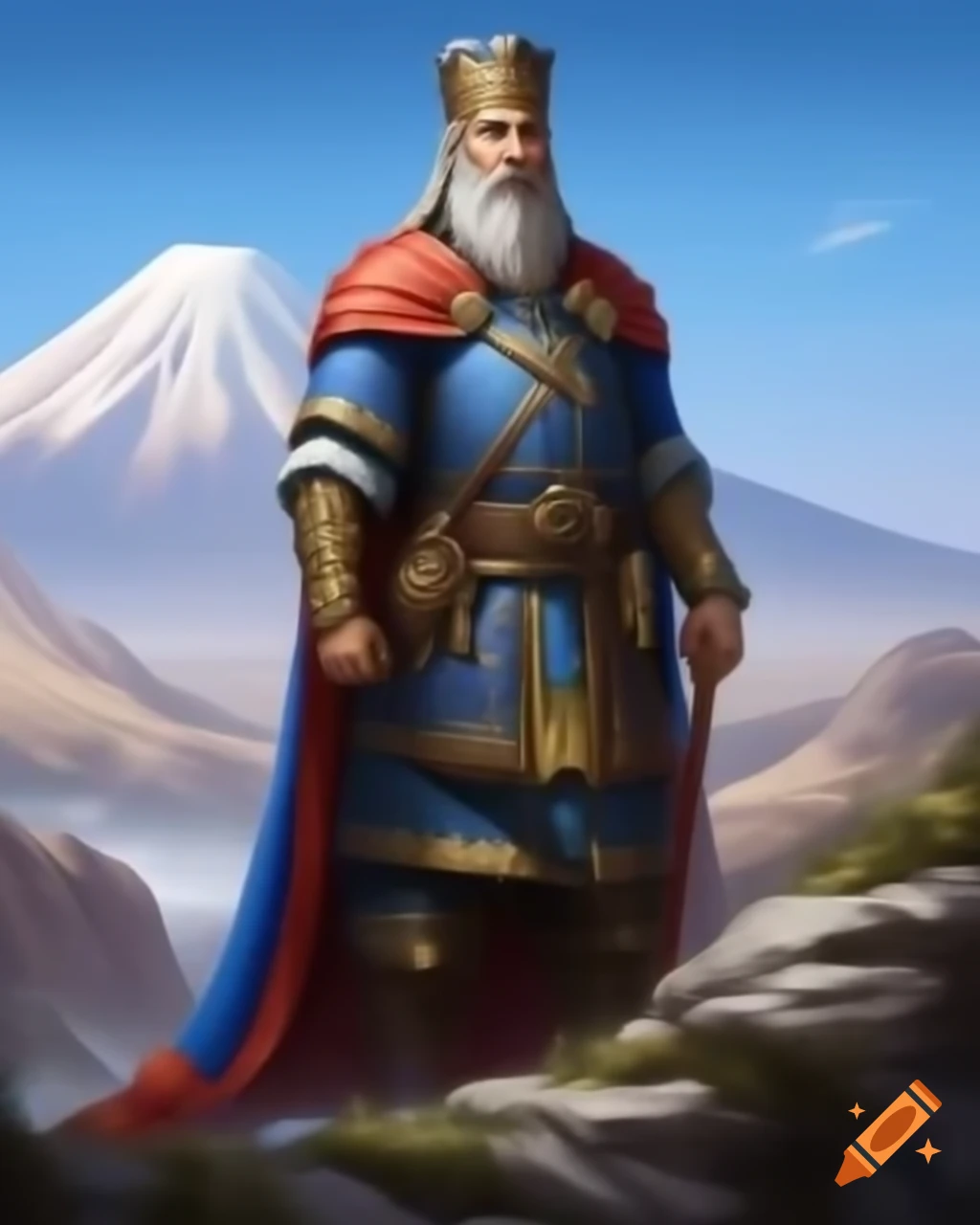 Majestic armenian king standing on hill with mount ararat in background ...