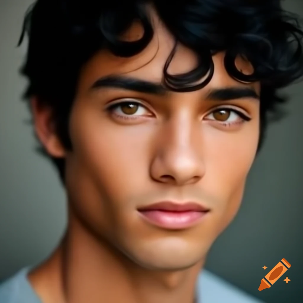 Portrait of a young man with warm brown complexion and wavy black hair ...