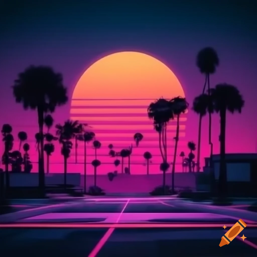 Retro 80s sunset with palm trees in neon pink and purple VHS glitch ...