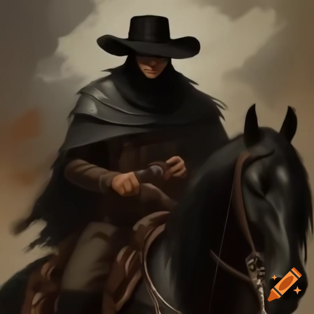 Muslim cowboy in tuareg vests on black horse over seven lakes ...