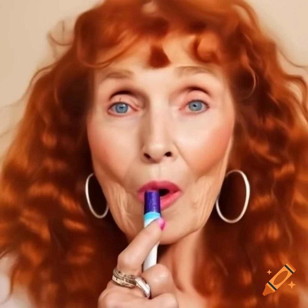 Older woman with auburn curly hair and blue eyes smiling on Craiyon