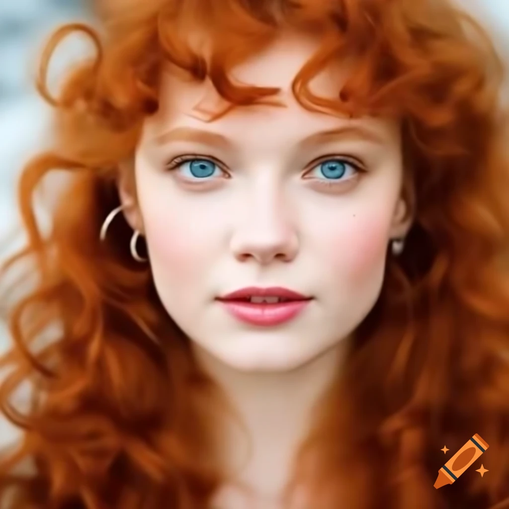 Photorealistic portrait of Finnish elderly woman with auburn curly hair and blue eyes on Craiyon