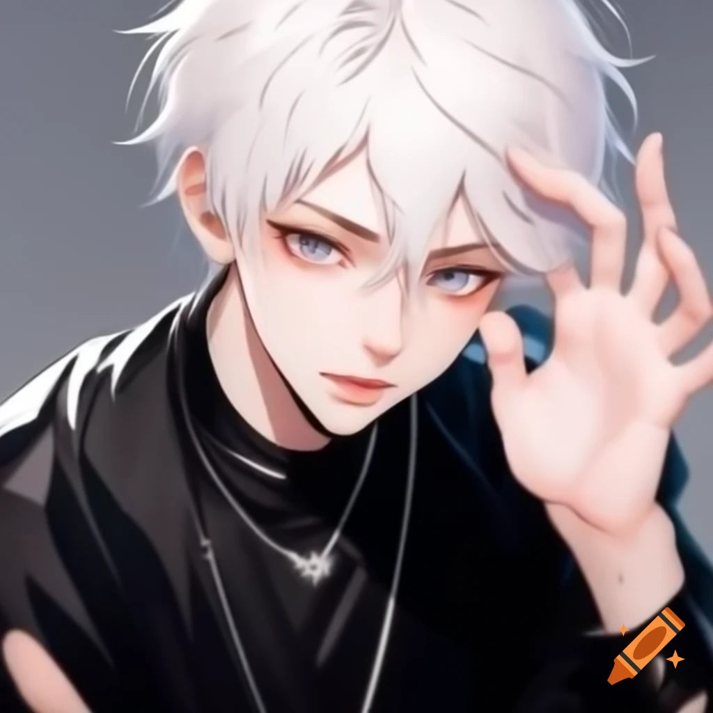 Close-up portrait of albino male anime character with messy white hair ...