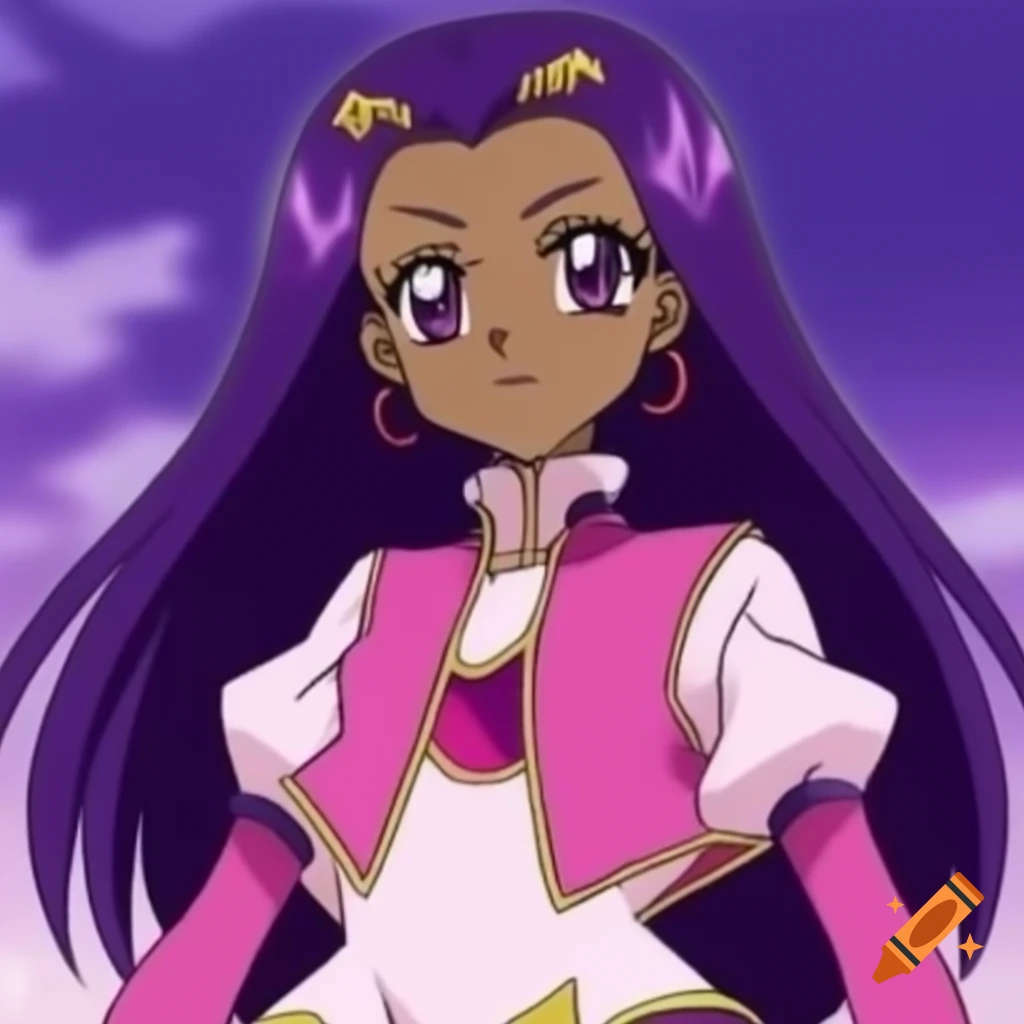 Anime female Precure character with dark brown skin, long purple hair ...
