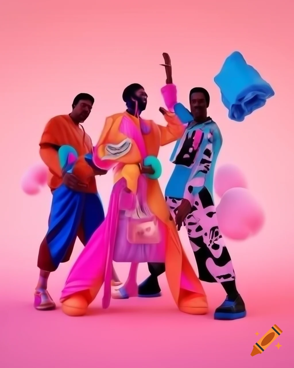 Fashion illustration of men in vibrant futuristic attire with floating ...